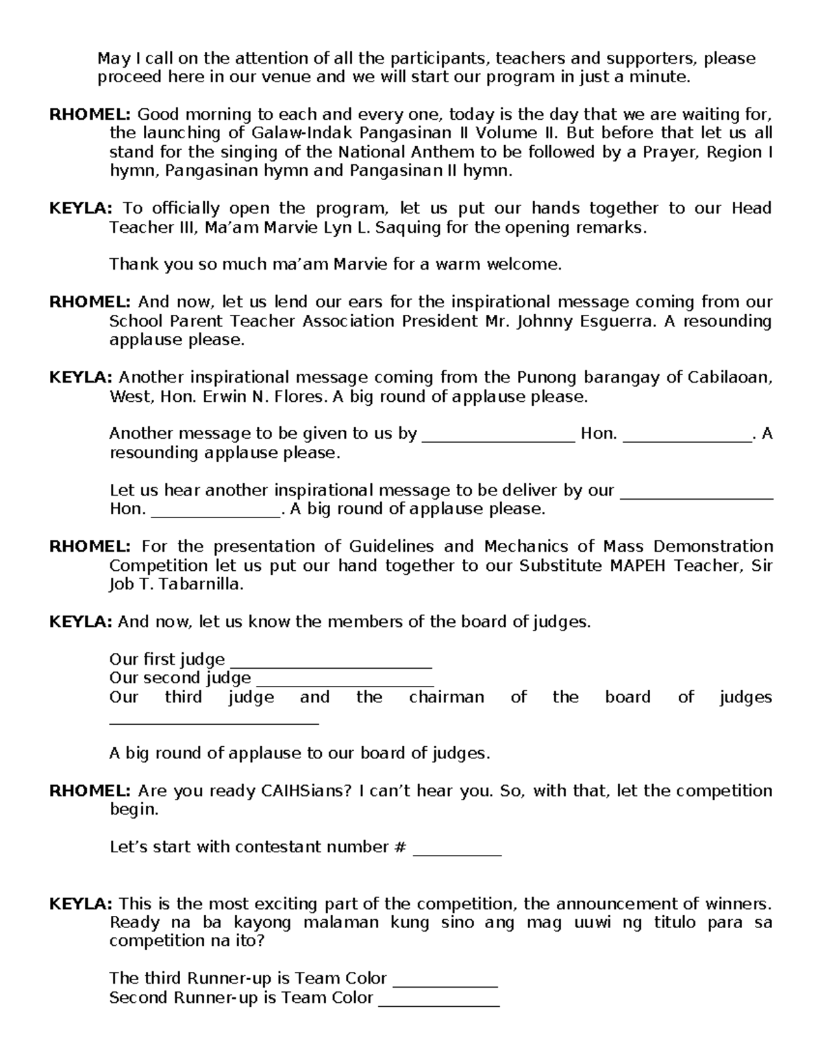 278299612 Emcee Script Search for Mr and Ms Intramurals - May I call on ...