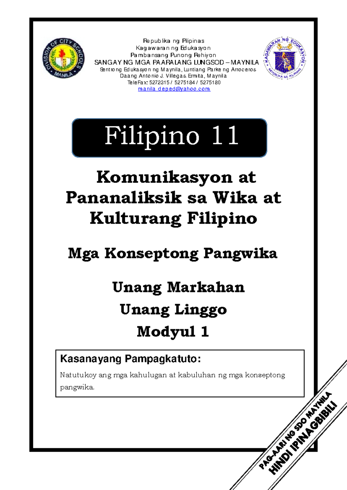 Filipino 11 Q1 Mod1 - Republika ng Pilipinas Kagawaran ng Edukasyon ...