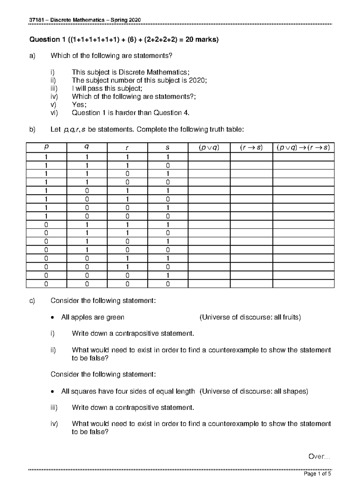 Discrete maths 2020 final - Question 1 ((1+1+1+1+1+1) + (6) + (2+2+2+2 ...