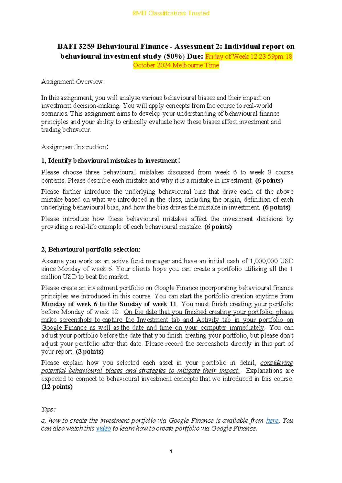 Assessment 2 individual assignment 2024s2-3 - BAFI 3259 Behavioural ...