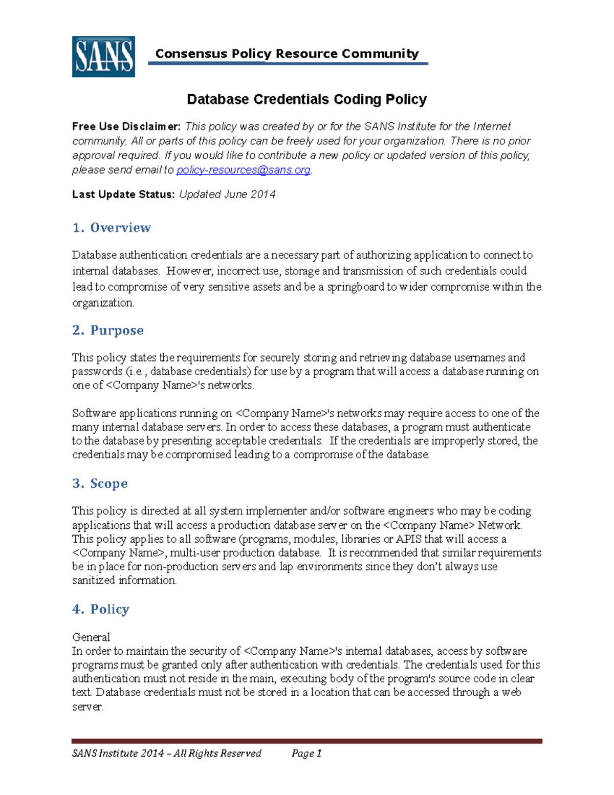 Database credentials policy - Database Credentials Coding Policy Free ...