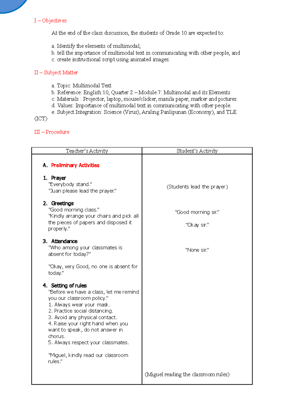 DLP for DEMO - Multimodal Text - I – Objectives At the end of the class ...