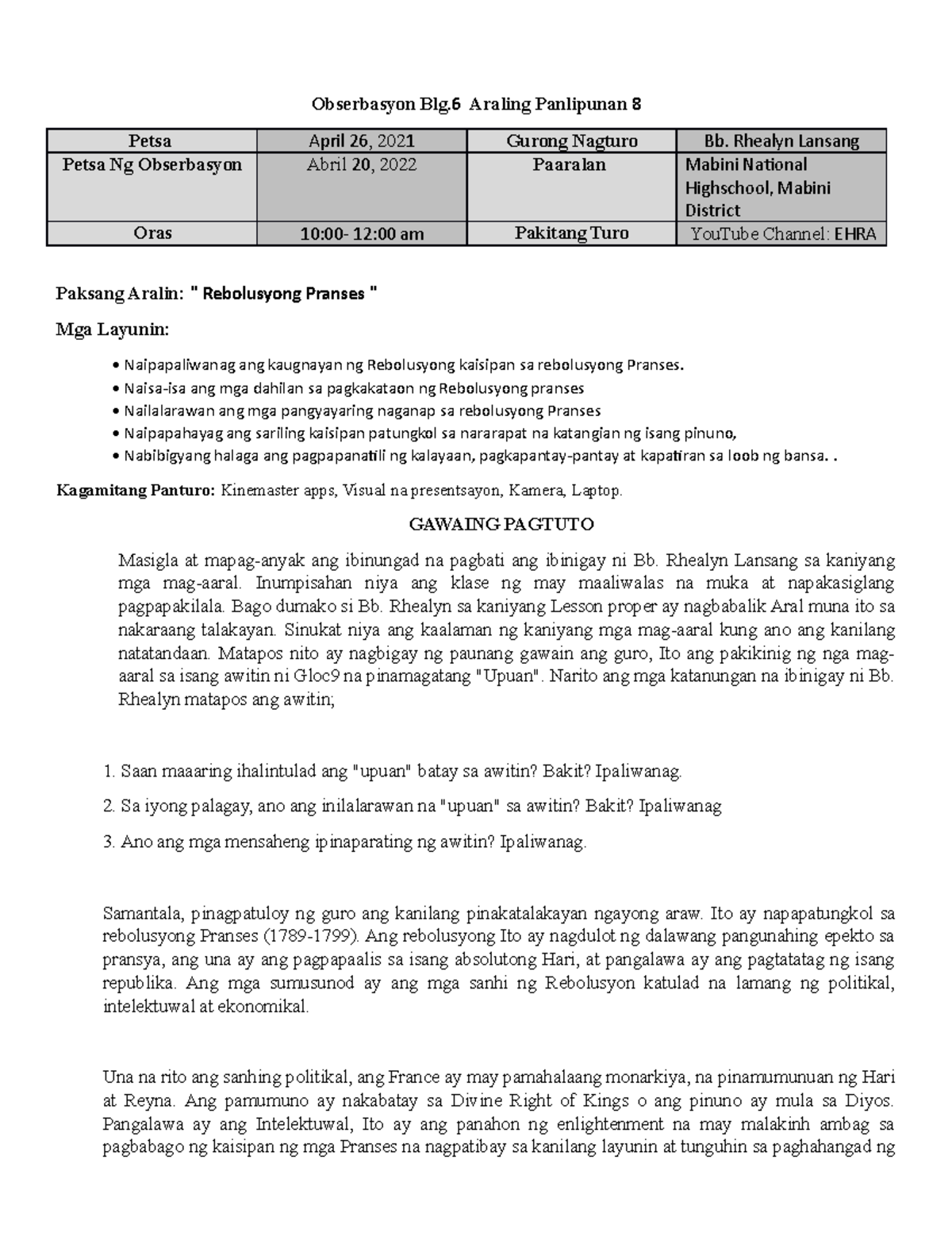 Field Study 1 Observation 6 - Obserbasyon Blg. 6 Araling Panlipunan 8 ...