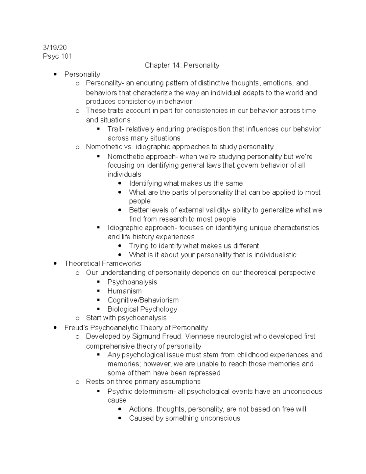 Chapter 14 Notes - 3/19/ Psyc 101 Chapter 14: Personality Personality o ...
