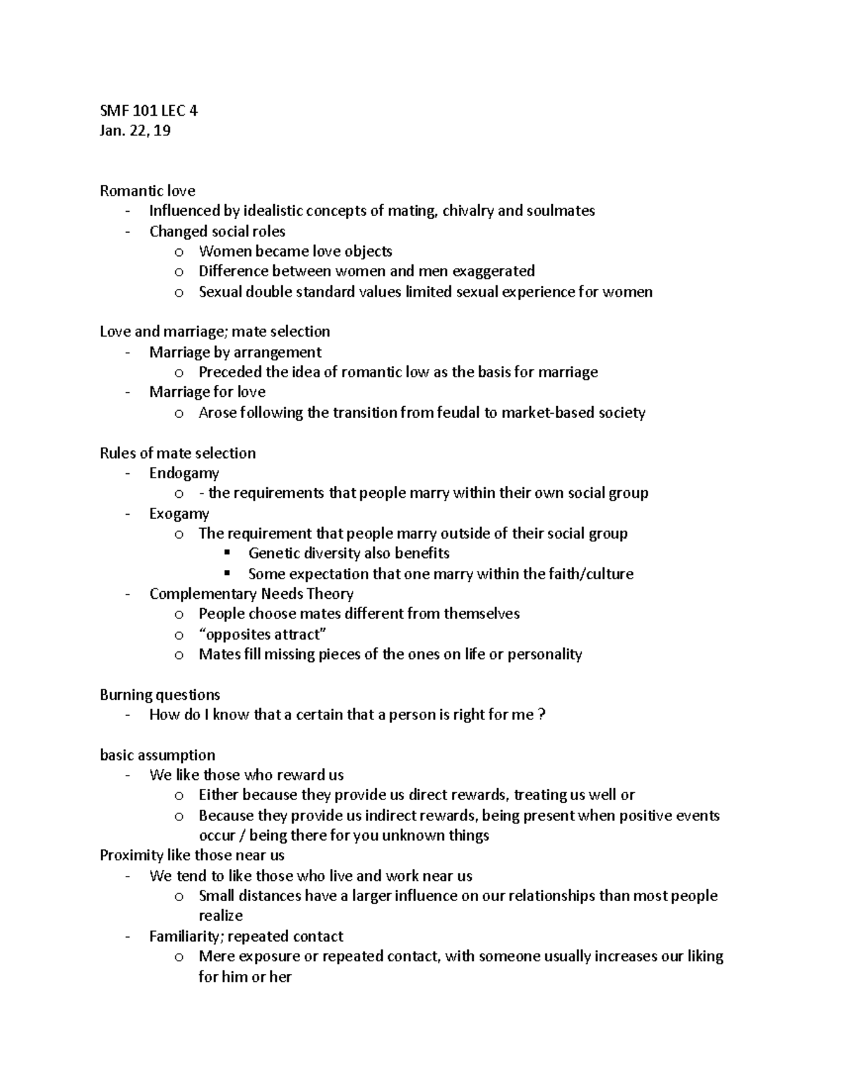 Chapter 3 - Part 2 - SMF 101 LEC 4 (Relationships) - SMF 101 LEC 4 Jan. 22, 19 Romantic love ...