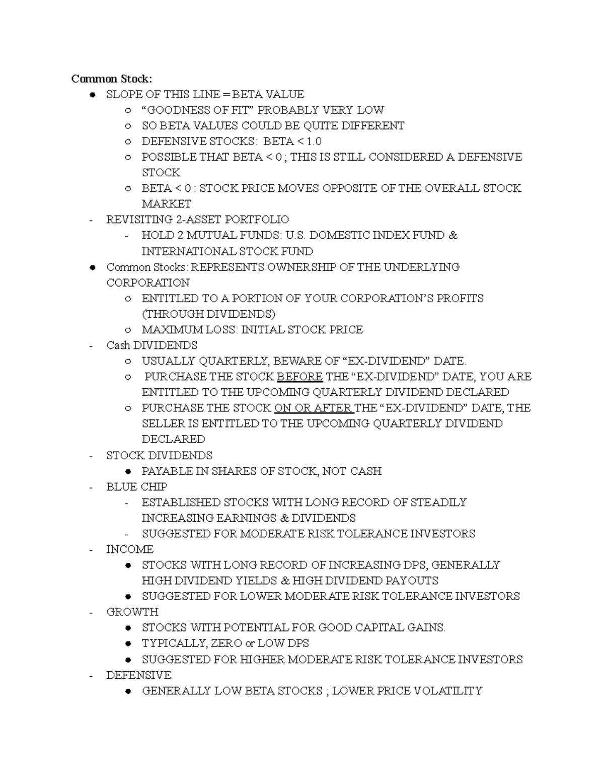 Investments Study Guide 2 - Common Stock: SLOPE OF THIS LINE = BETA ...