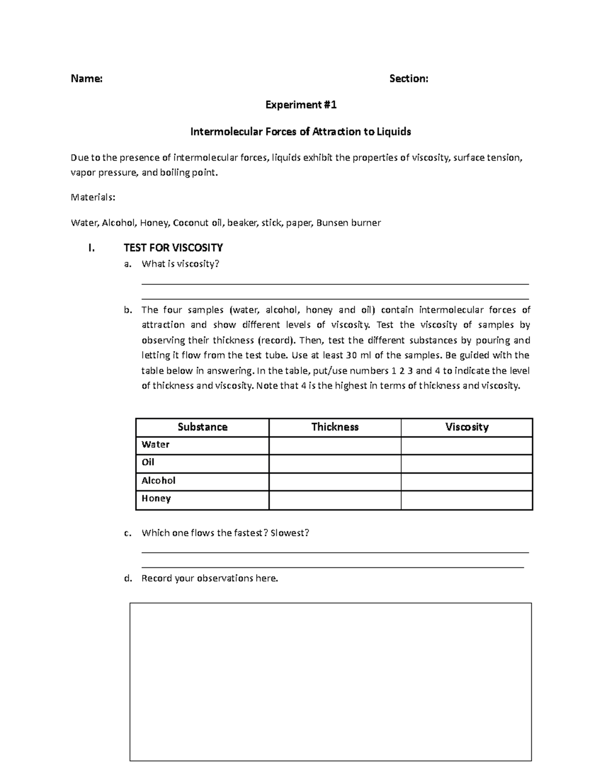 Experiment - Intermolecular Forces of attraction - Name: Section ...