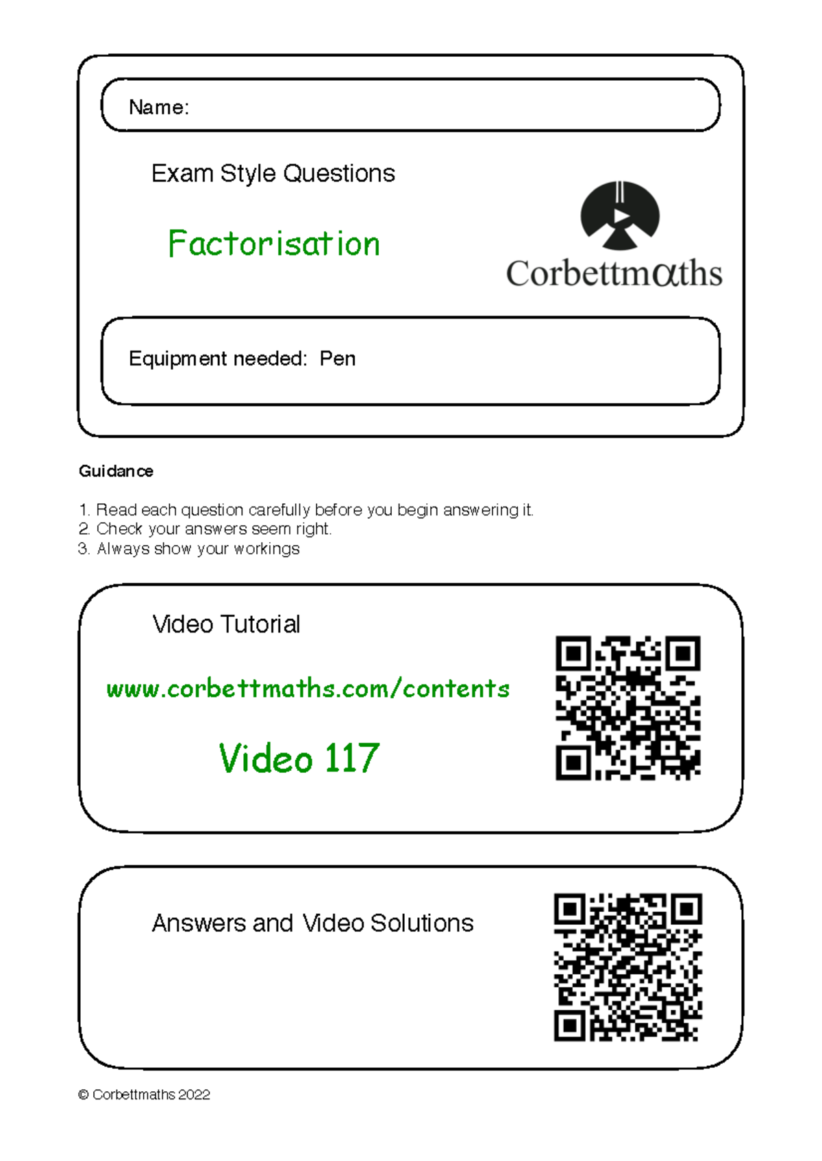 Factorisation Factorising Expressions Name Exam Style Questions Equipment Needed Pen