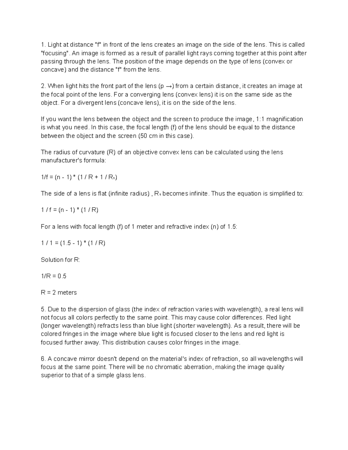 'Lecture - assignment - Light at distance "f" in front of the lens ...