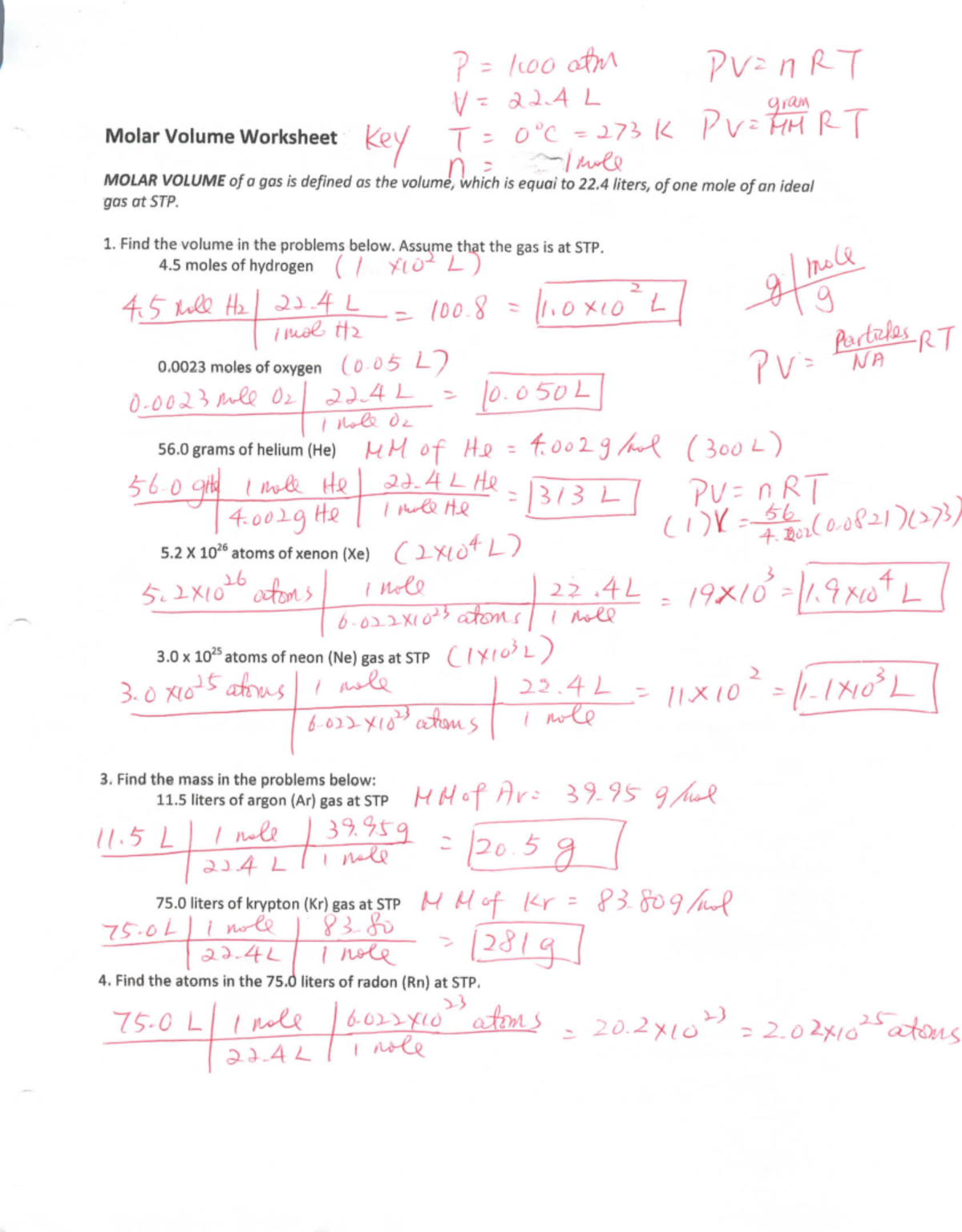 7 - molar volume worksheet key - L f~ D/- Molar Volume Worksheet 0 C ...