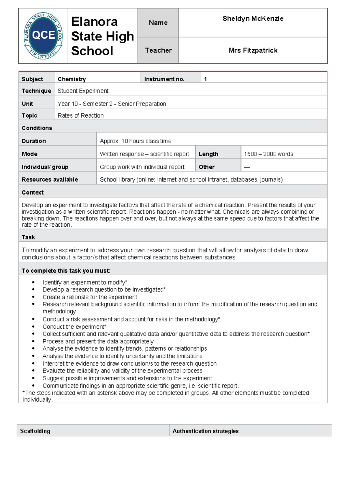 2021 Chemistry Y10 Student Experiment - Task Sheet - Elanora State High ...