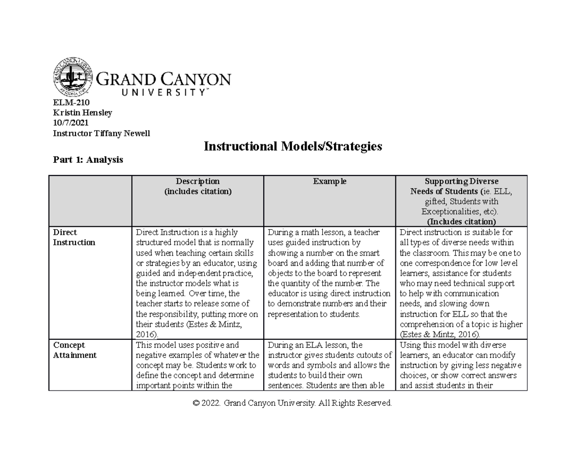 ELM210 - T4 - Instructional Models-Strategies Analysis Completed - ELM- Kristin Hensley 10/7 ...