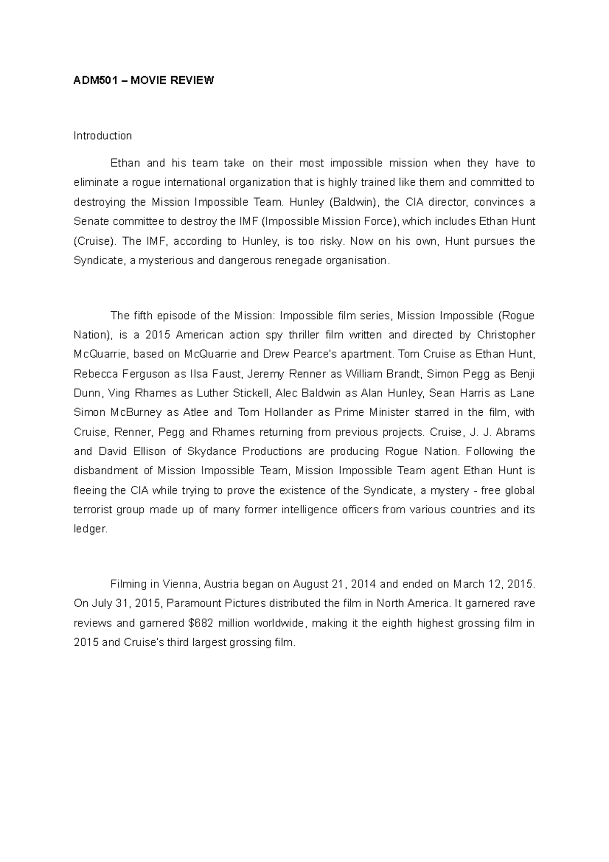 Draft ob - Lecture notes 4 - ADM501 – MOVIE REVIEW Introduction Ethan ...