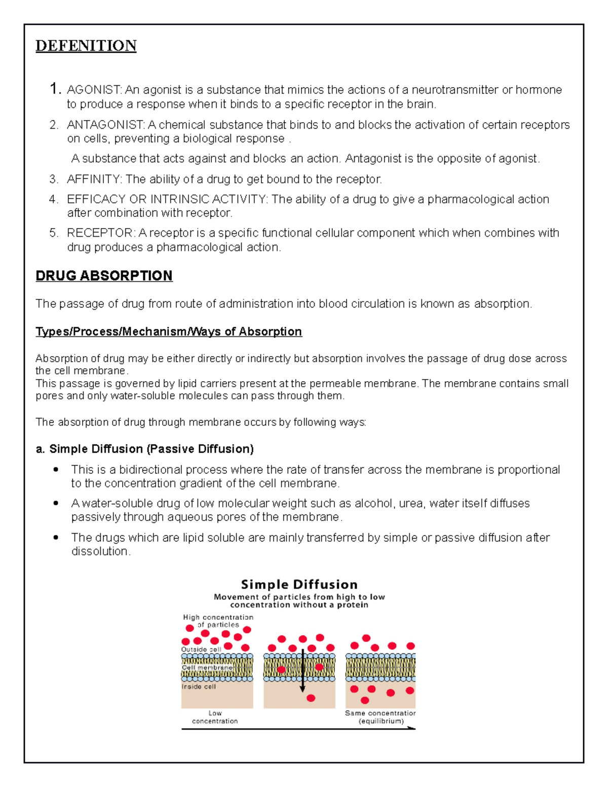 Defenition - notes - DEFENITION 1. AGONIST: An agonist is a substance ...