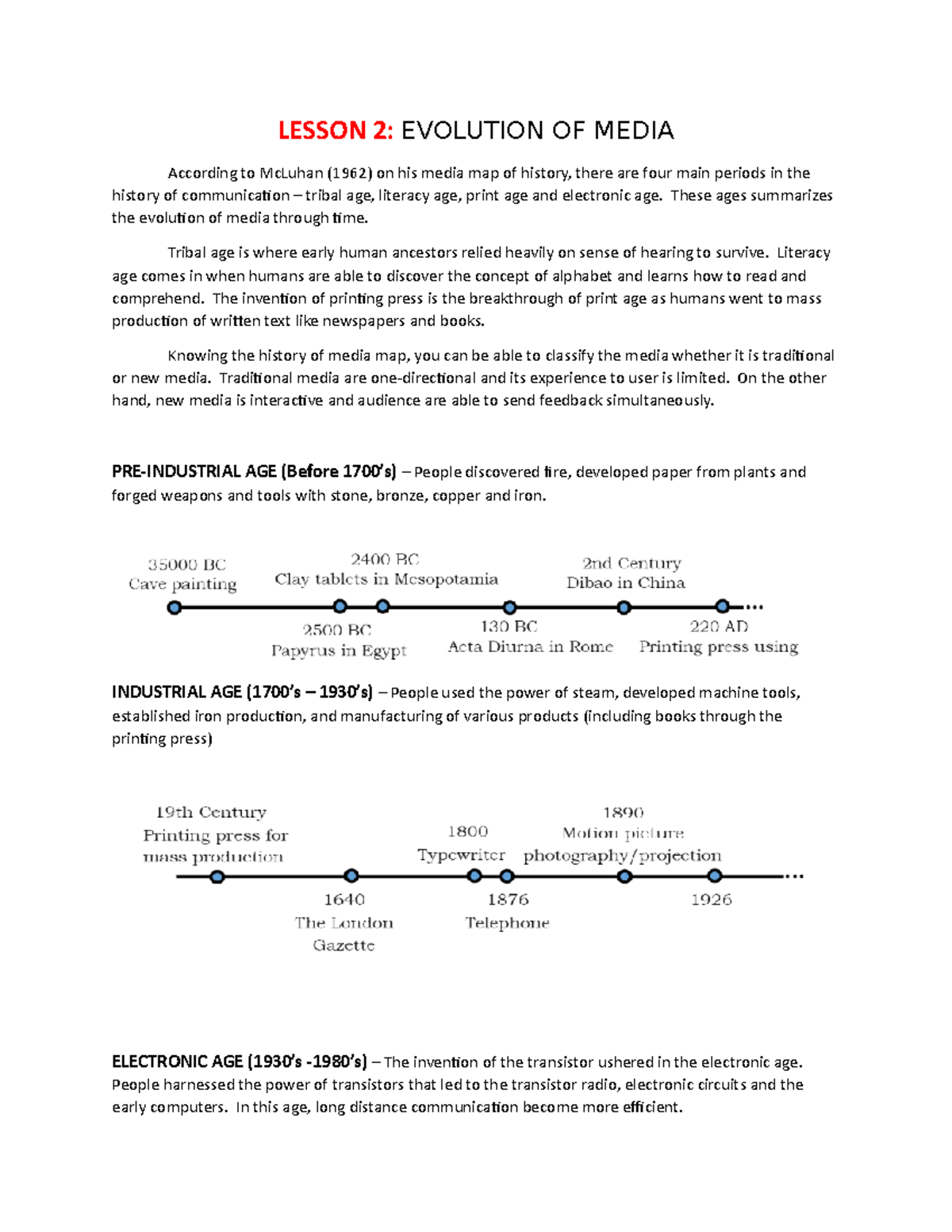 Evolution-OF- Media - LESSON 2: EVOLUTION OF MEDIA According to McLuhan (1962) on his media map ...