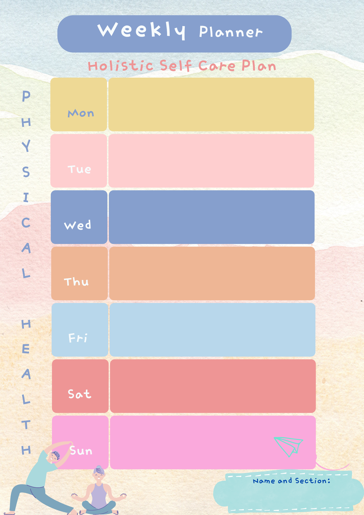 Self Care Weekly Planner - BS Tourism Management - Mon Tue Wed Thu Fri ...