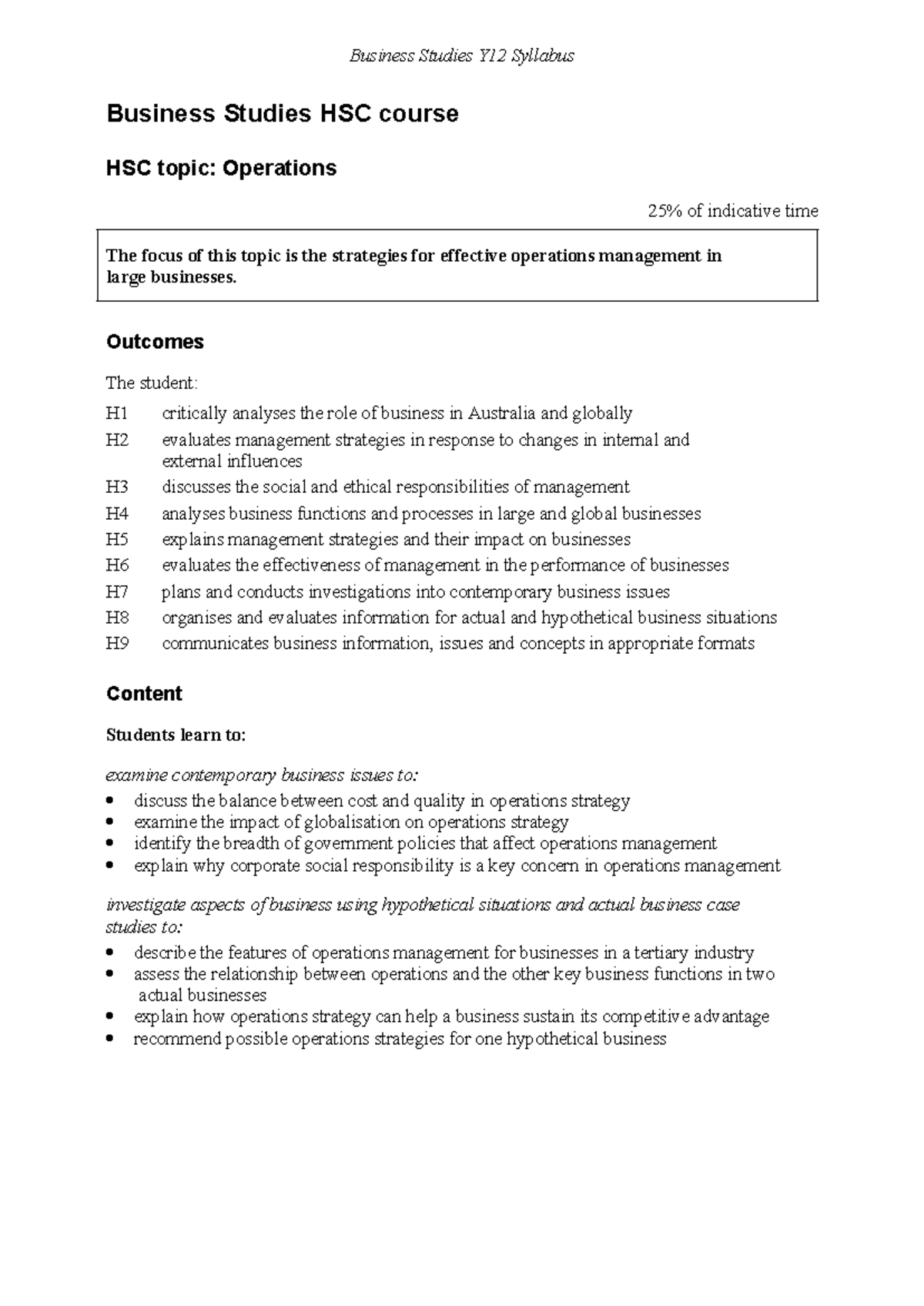 Business Syllabus - Business Studies HSC course HSC topic: Operations ...