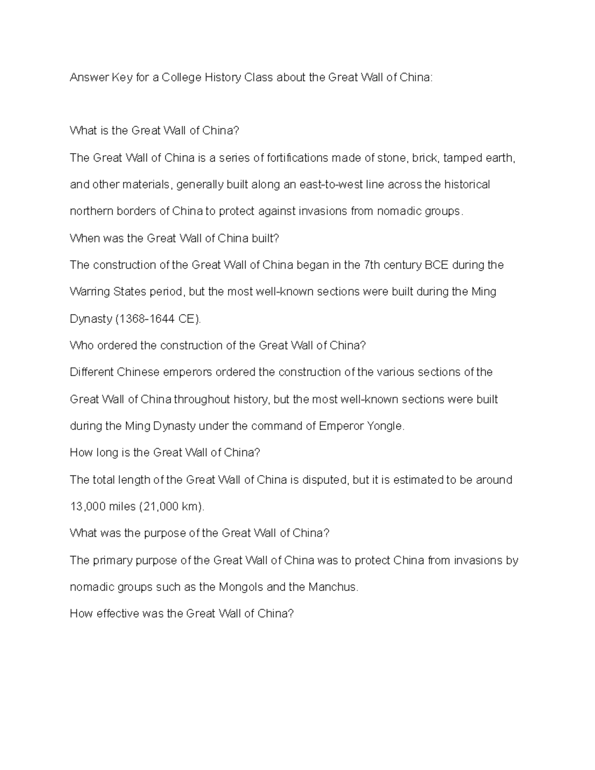 Great wall of China Answer Key - Answer Key for a College History Class ...