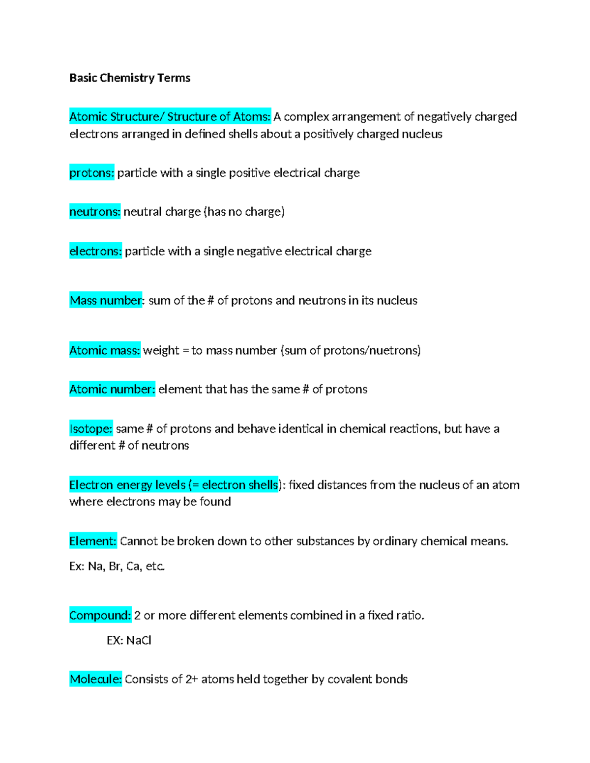 Basic Bio Terms - Basic Chemistry Terms Atomic Structure/ Structure of ...