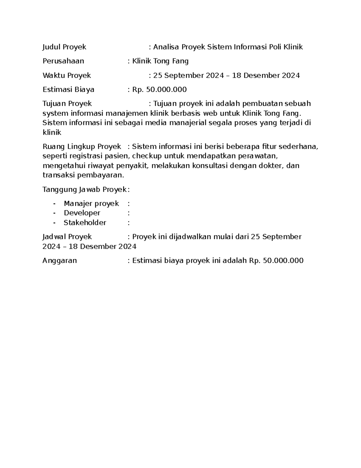 Mini projek charter - Judul Proyek : Analisa Proyek Sistem Informasi ...