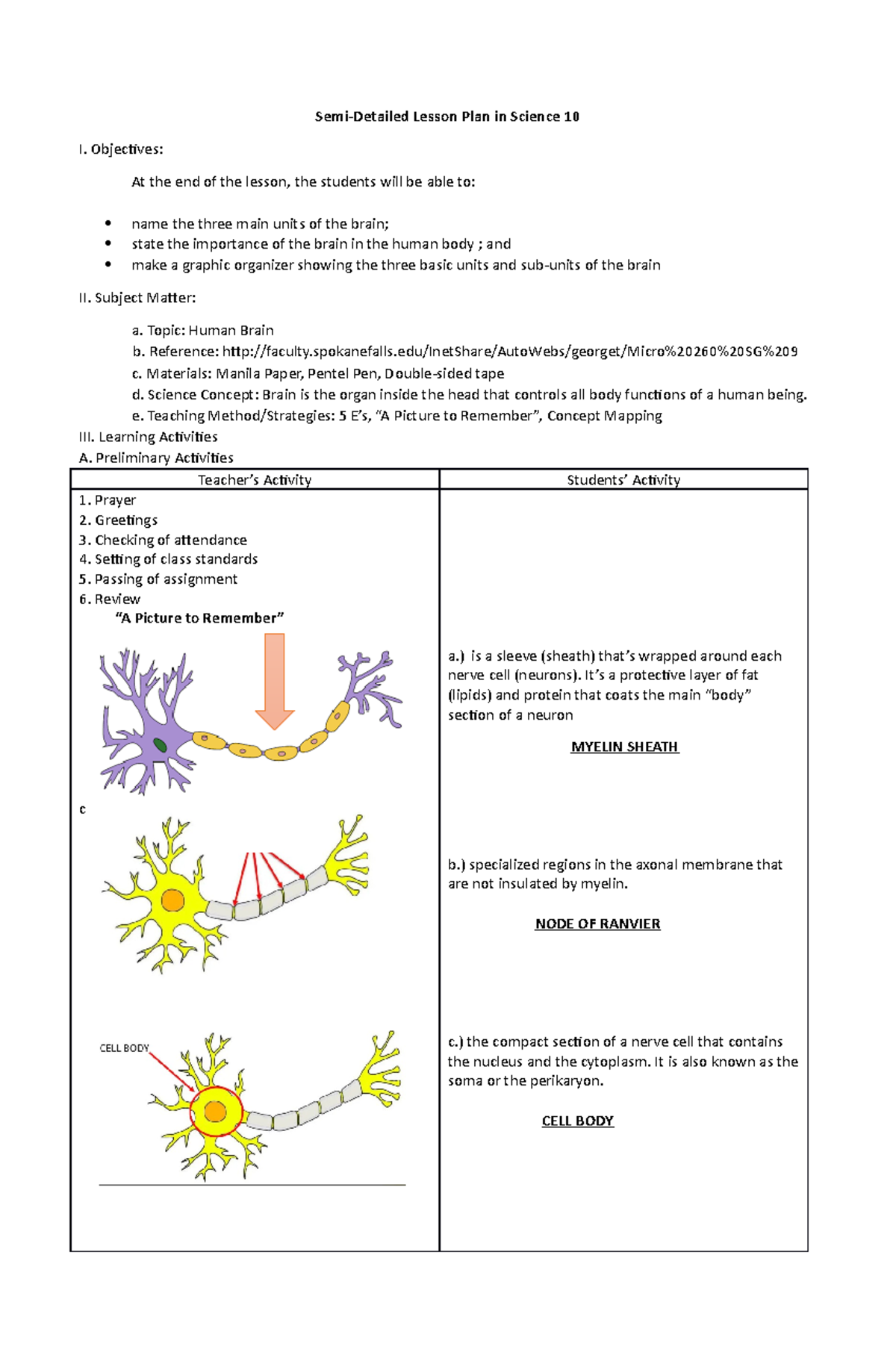 Semi-Detailed Lesson Plan in Brain - Semi-Detailed Lesson Plan in ...