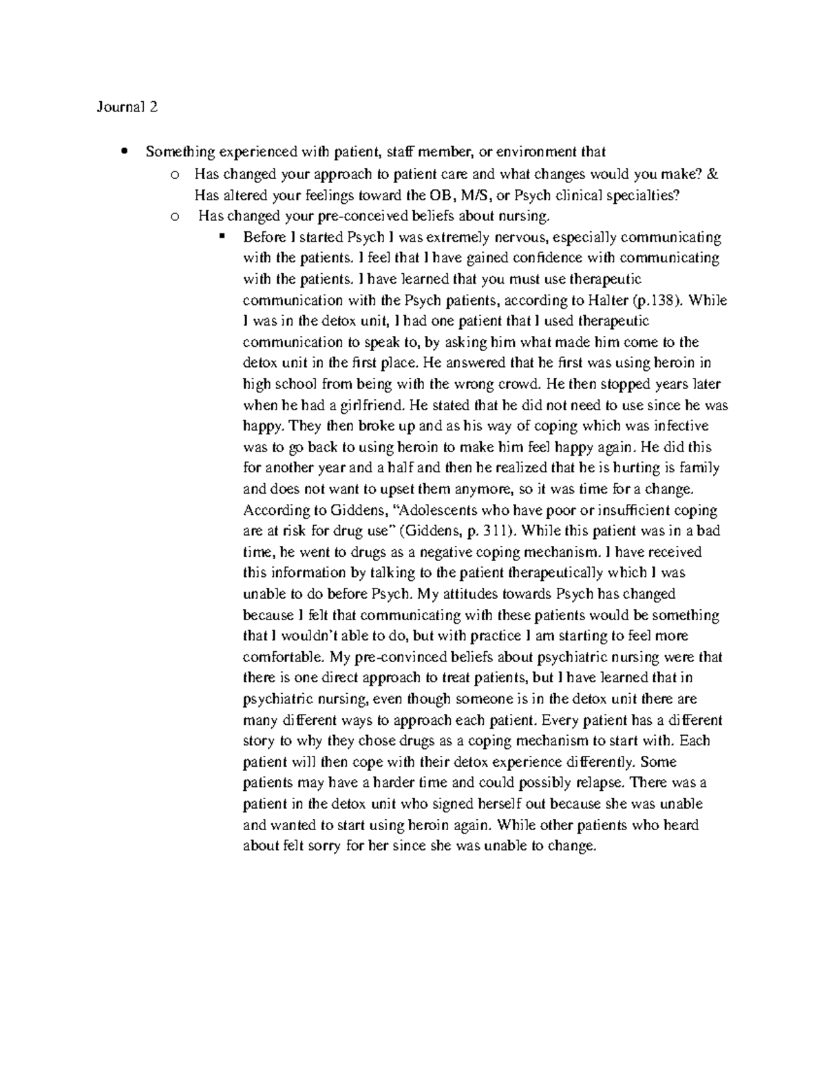 Journal 2 psyc - Journal 2 Something experienced with patient, staff ...