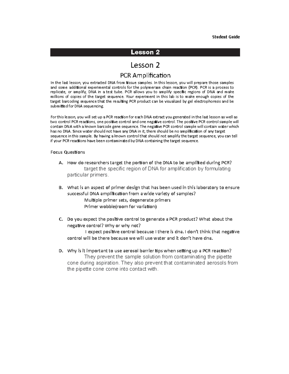 PCR pre-lab answered - Pre-lab of PCR - Student Guide Lesson 2 PCR ...