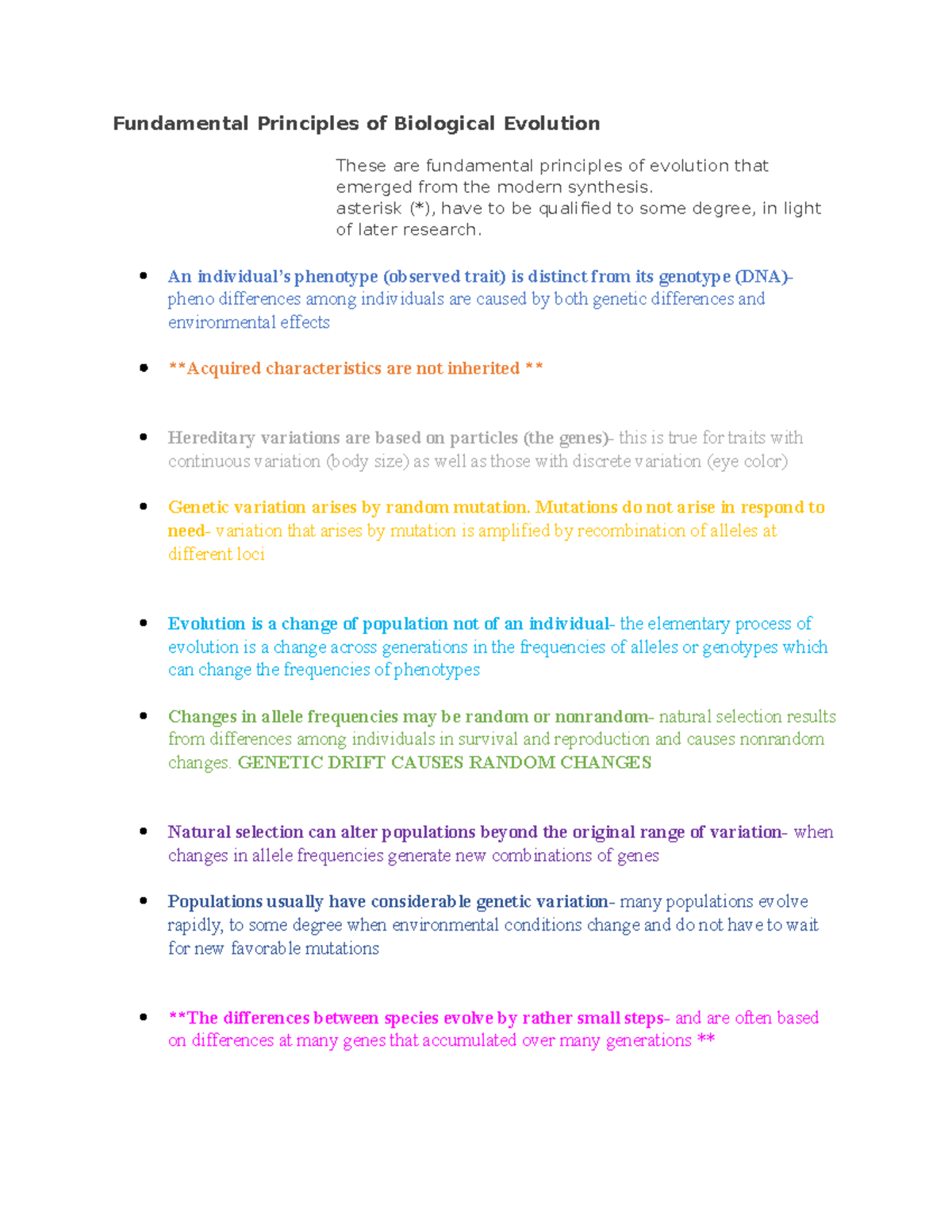 Fundamental Principles of Biological Evolution - asterisk (*), have to ...