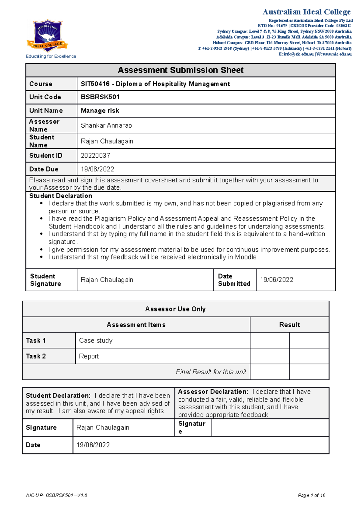Assessment Submission Sheet - Educating for Excellence Assessment ...