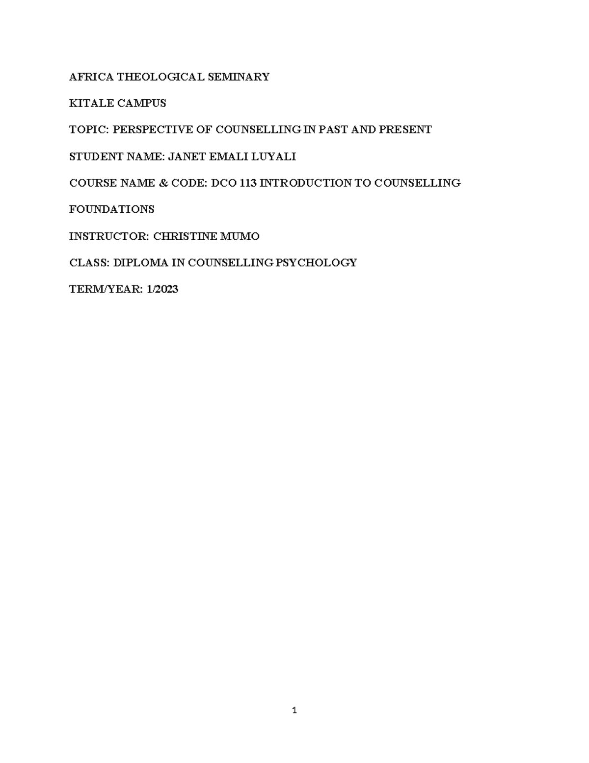 Assignment Lecture notes - AFRICA THEOLOGICAL SEMINARY KITALE CAMPUS ...