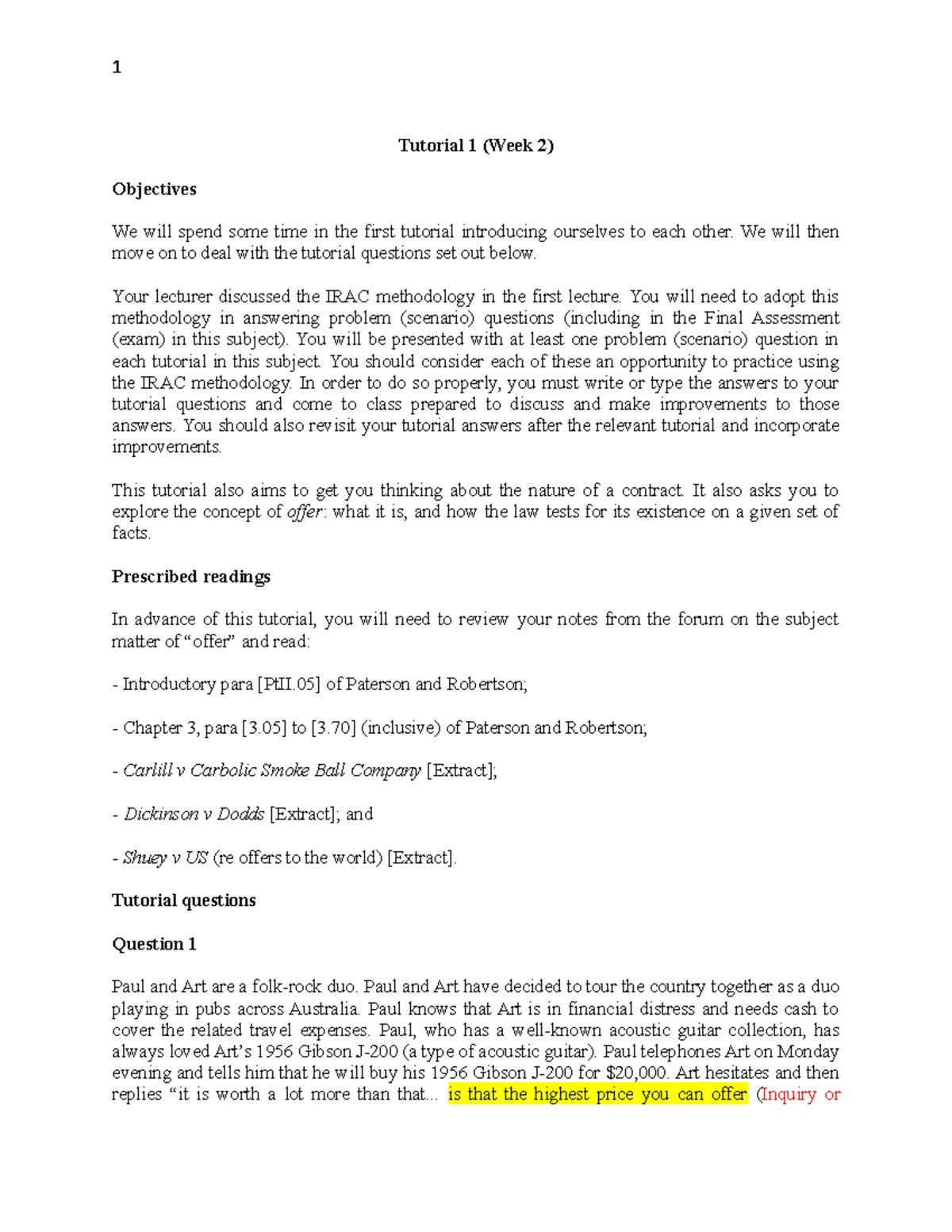 Tutorial 1 (week 2) (Offer ; invitation to treat) - Tutorial 1 (Week 2 ...