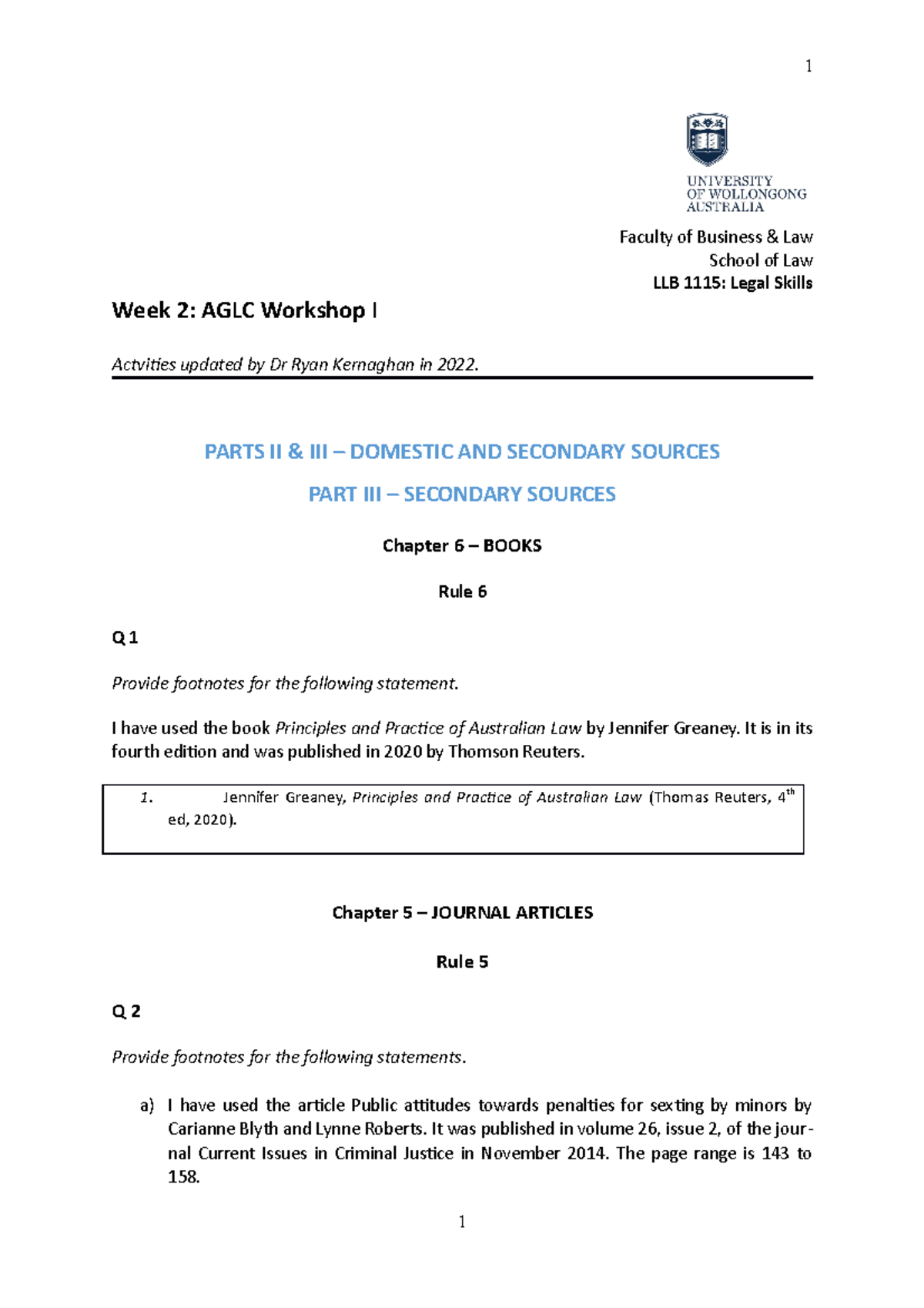 Referencing Workshop on how to use the AGLC - Faculty of Business & Law ...