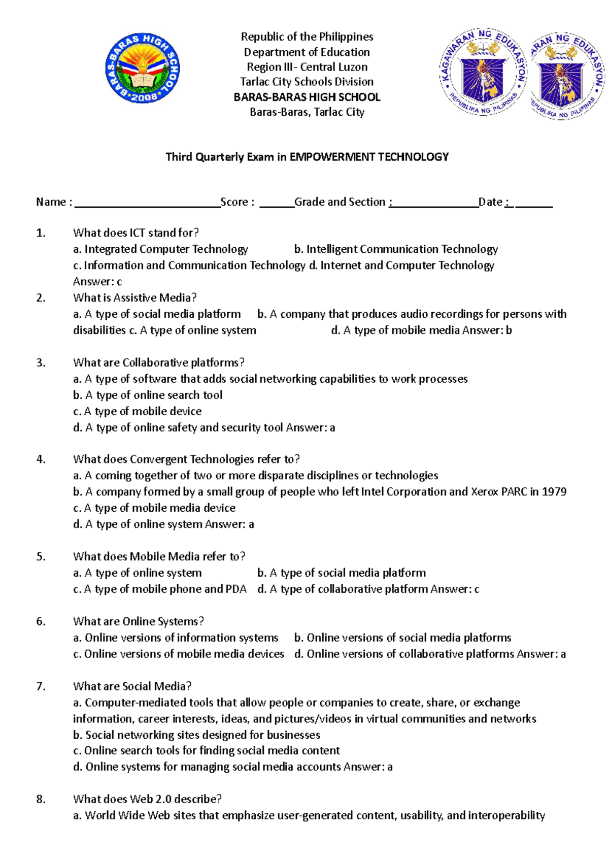 1st quarter exam emtech - Republic of the Philippines Department of ...
