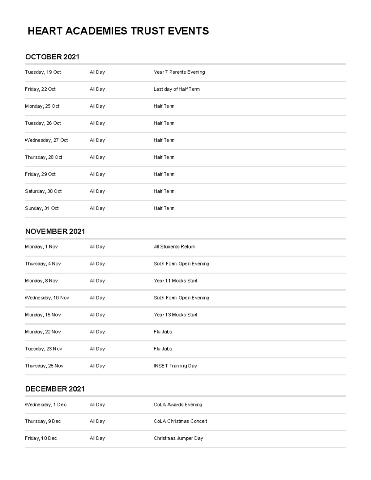 Event list - asjashjashjashbj - HEART ACADEMIES TRUST EVENTS OCTOBER ...
