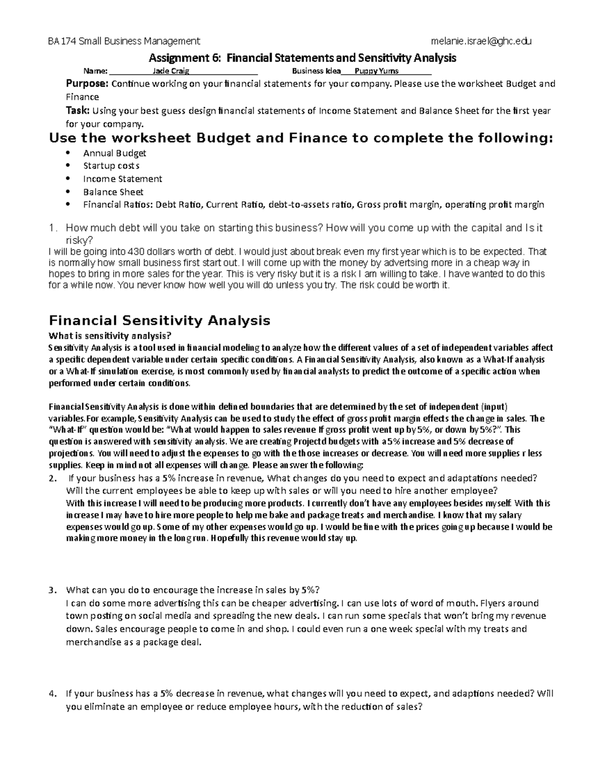 BA174 Assignment 6 - BA174 Small Business Management melanie@ghc ...