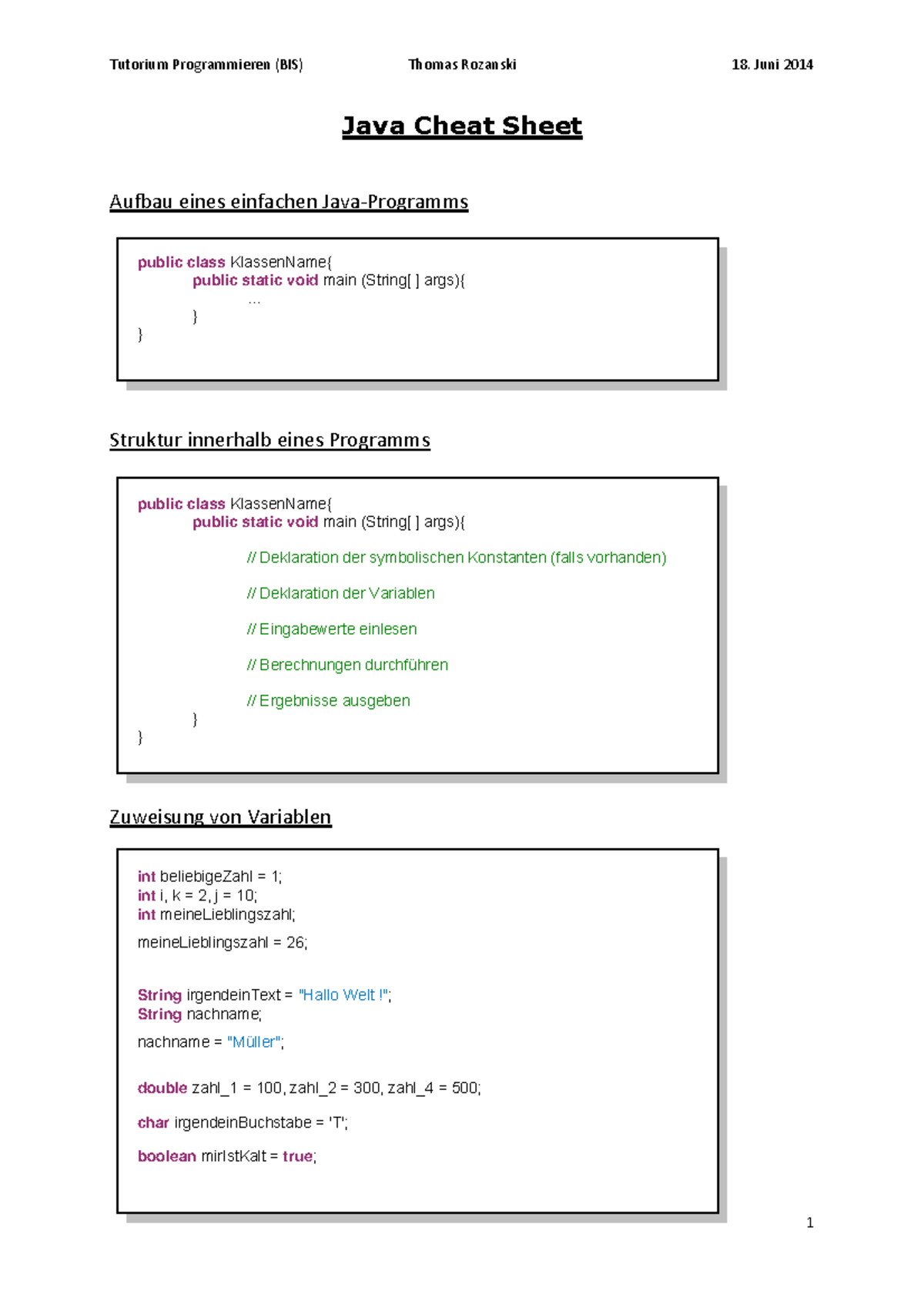 Java Cheatsheet - Java Cheat Sheet Aufbau eines einfachen Java-Programms Struktur innerhalb ...