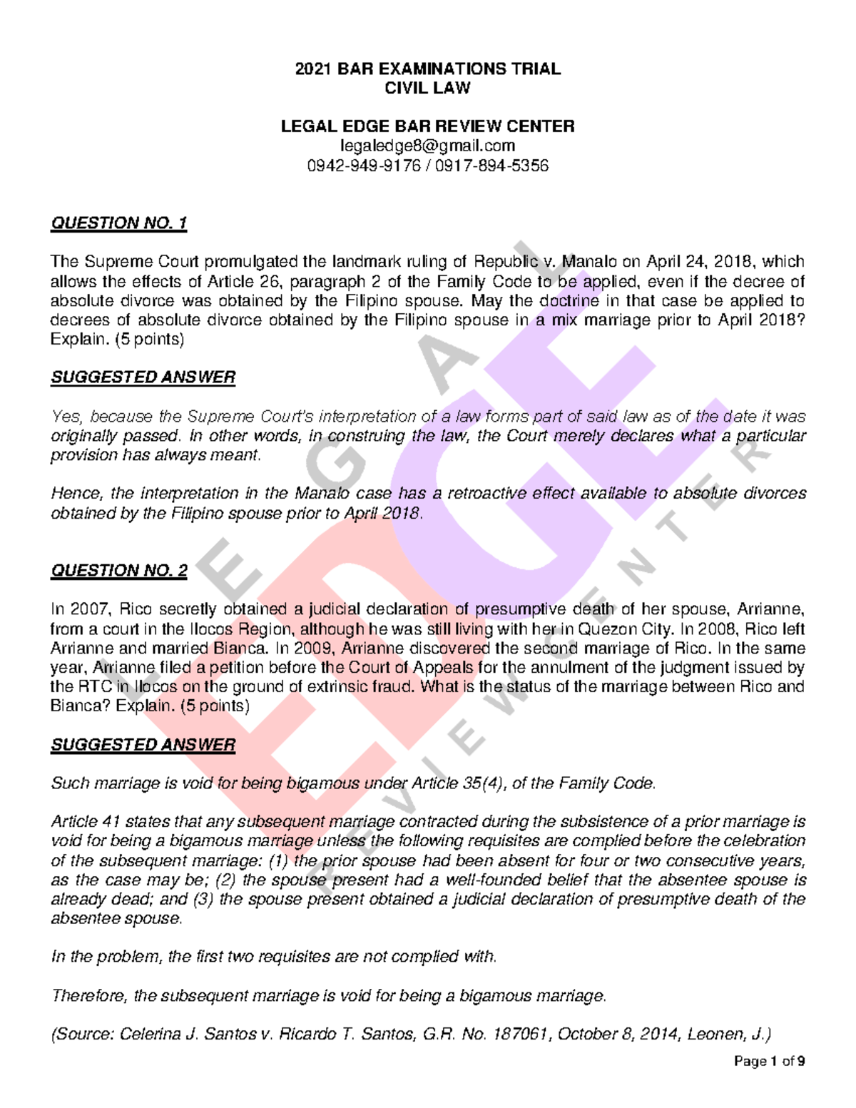 Ilide - asa - 2021 BAR EXAMINATIONS TRIAL CIVIL LAW LEGAL EDGE BAR ...