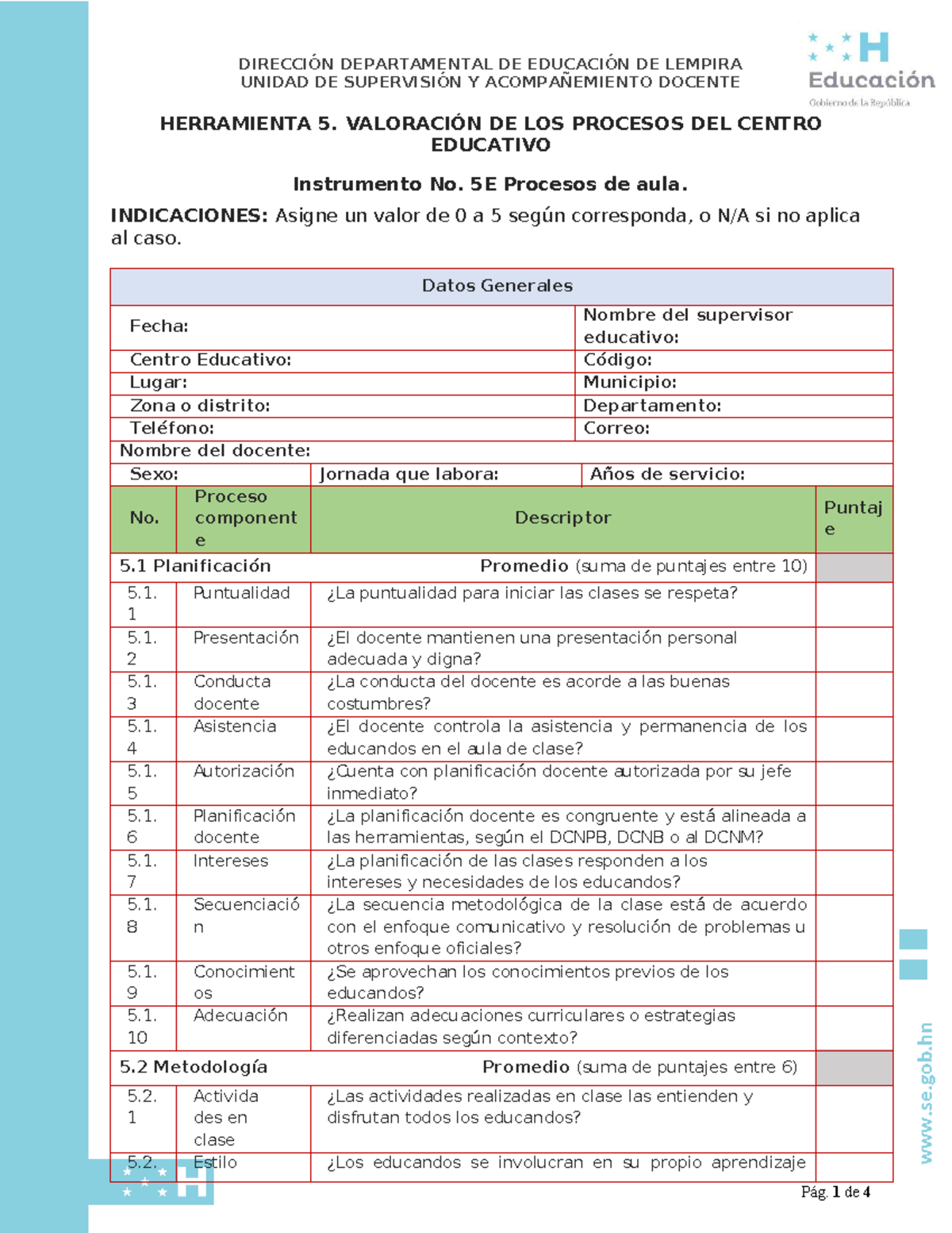 Herramienta 5. Instrumento 5E. Procesos de Aula - se.gob UNIDAD DE ...