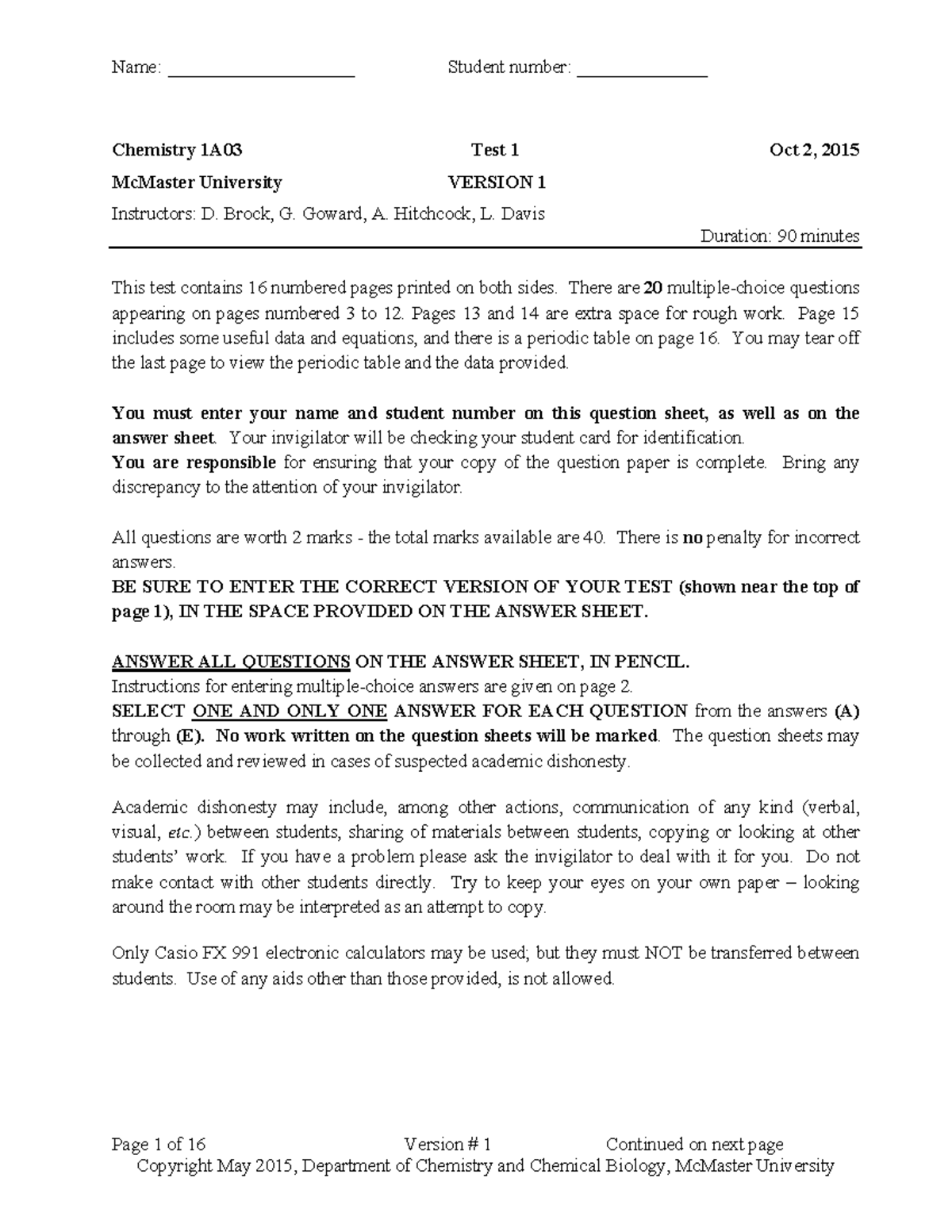 Exam 15 December 2016, questions and answers - Page 1 of 16 Version # 1 ...