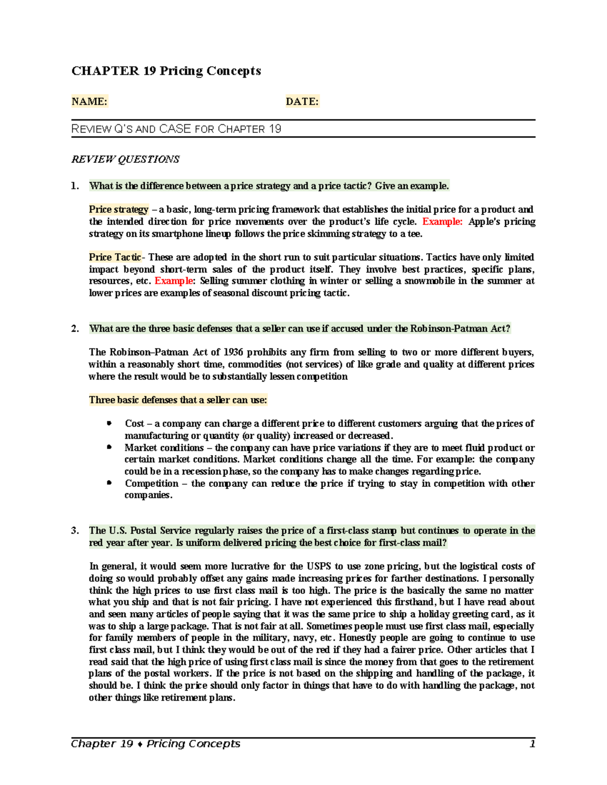 Ch 19 MKTG Review Q's Ind Upload - CHAPTER 19 Pricing Concepts NAME: DATE: REVIEW Q’S AND CASE ...