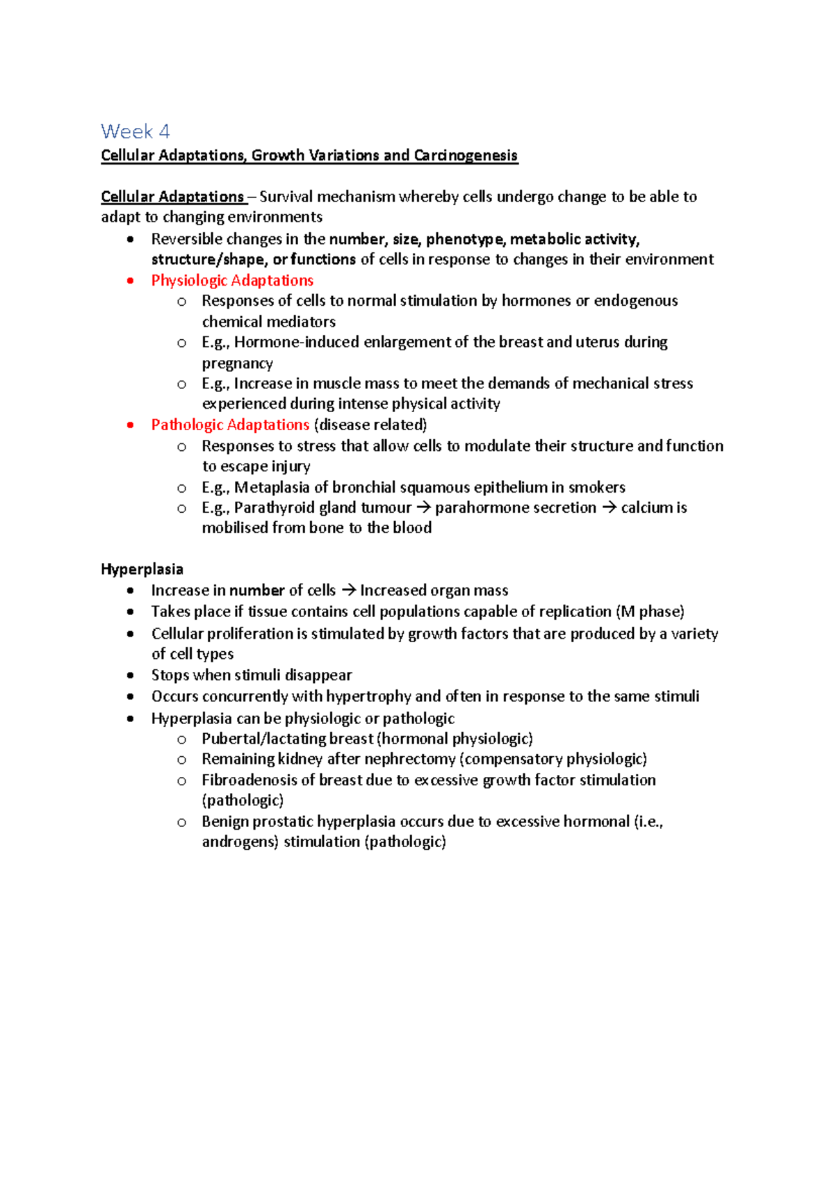 Week 4 - pathophysiology Week 4 notes full set - Week 4 Cellular ...