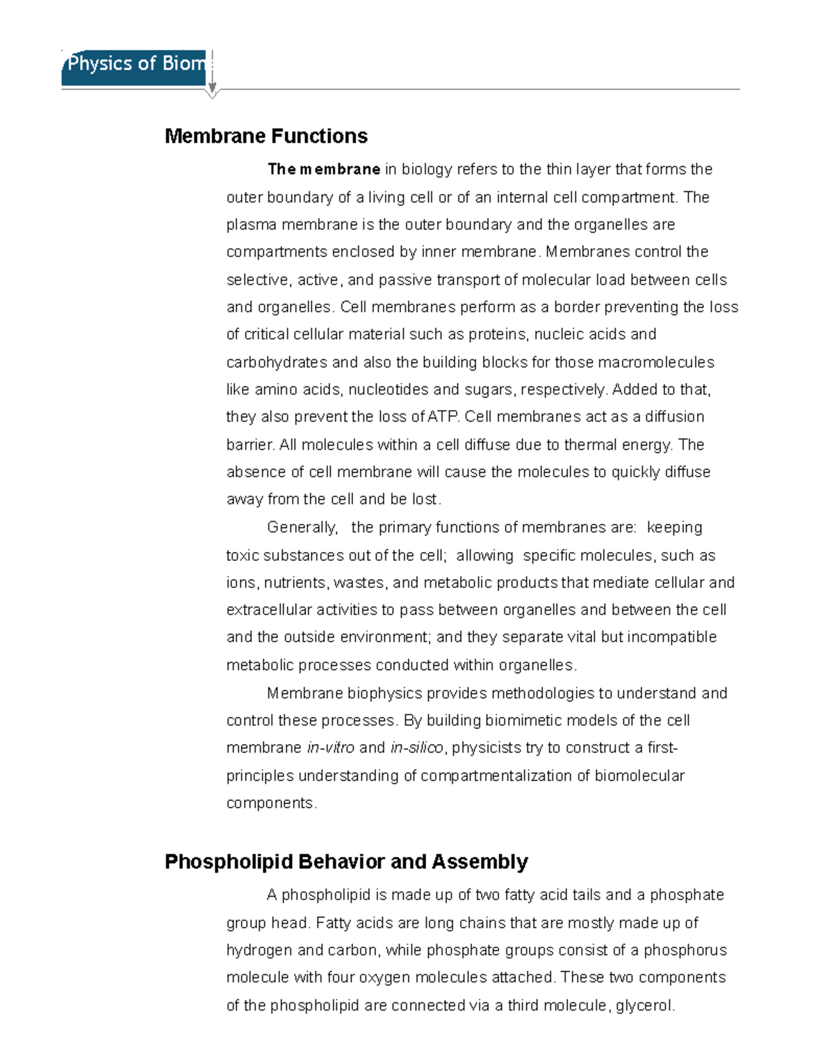 Lesson 10 Physics of Biomembrane - Physics of Biomembrane Membrane ...