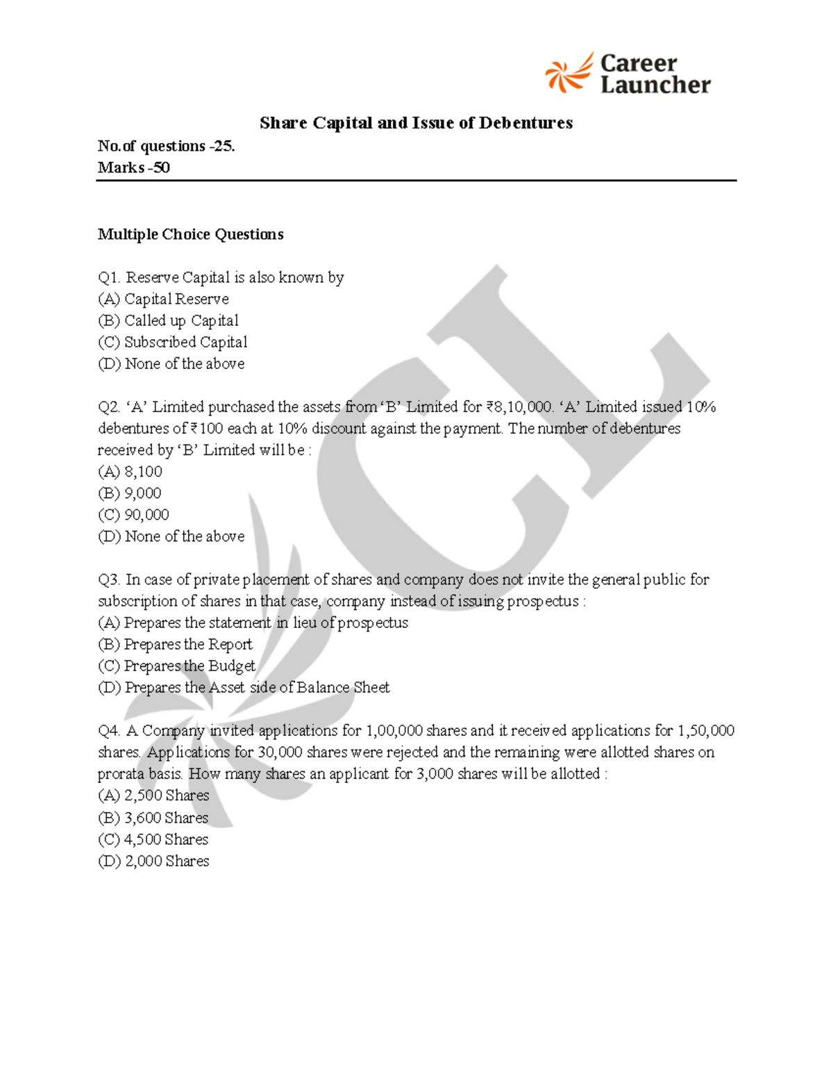 Mcq Shares and debentures - Share Capital and Issue of Debentures No ...