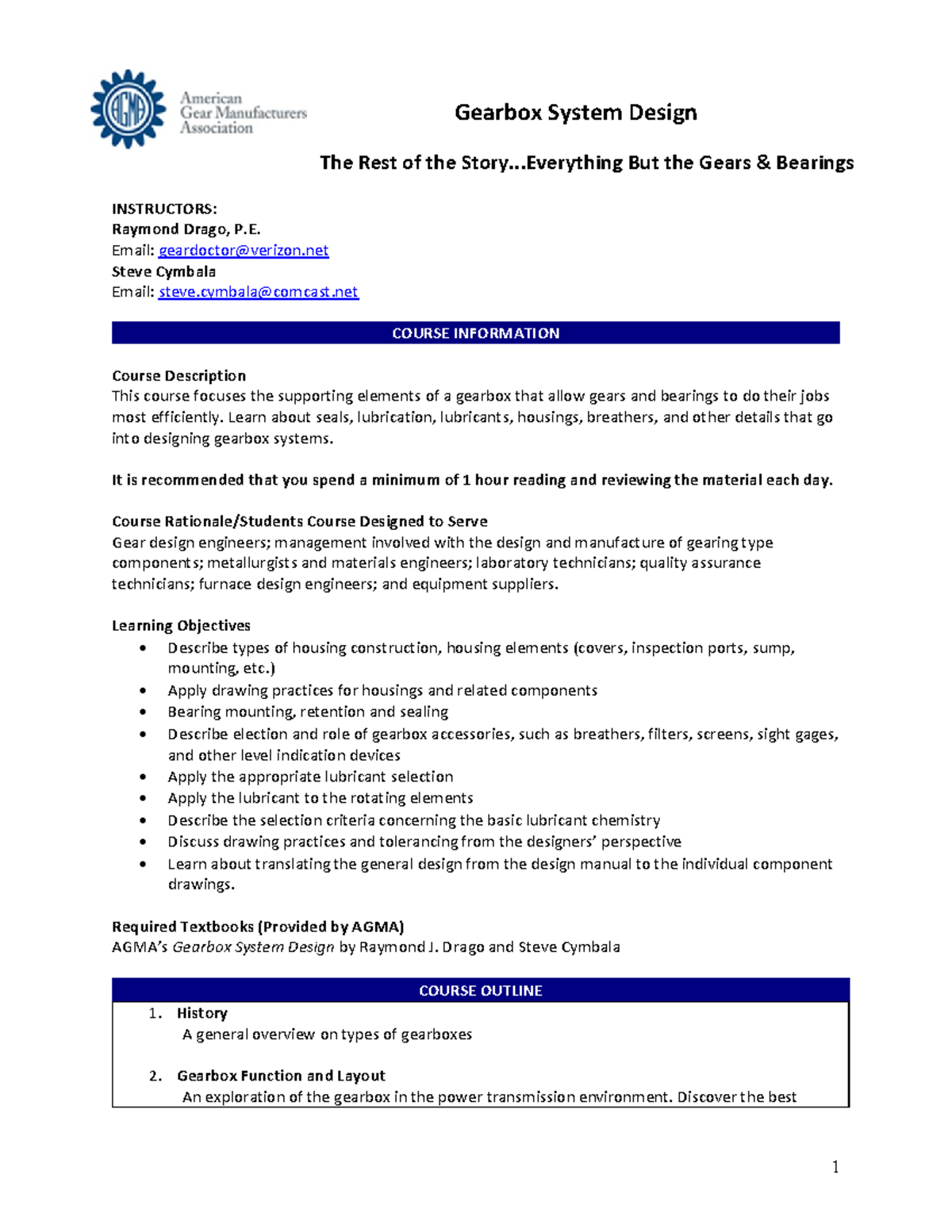 AGMA Course Outline GSD 2021 - 1 Gearbox System Design The Rest of the ...