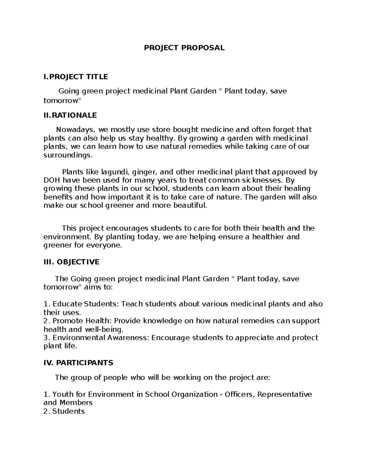 Project proposal YES-O - PROJECT PROPOSAL I TITLE Going green project ...