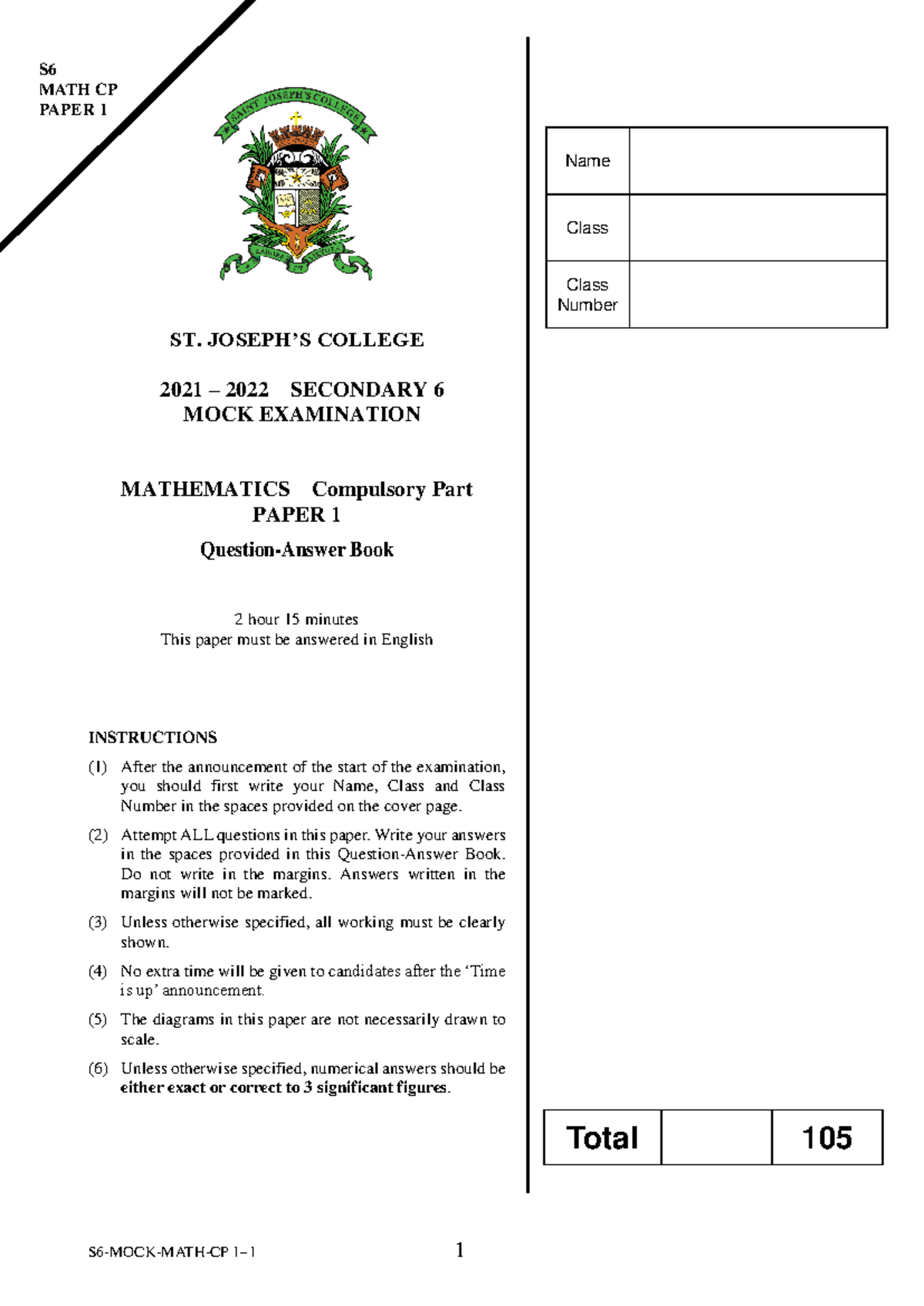 21-22 S6M0 MK1A - Skibidi - S6-MOCK-MATH-CP 1 1 1 ST. JOSEPH’S COLLEGE ...