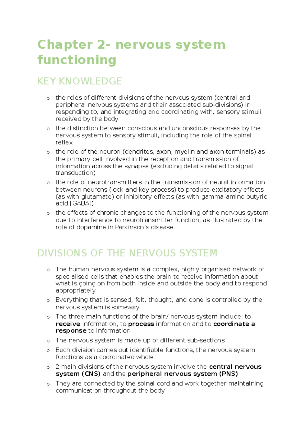 Chapter 2 nervous system notes - Chapter 2- nervous system functioning ...