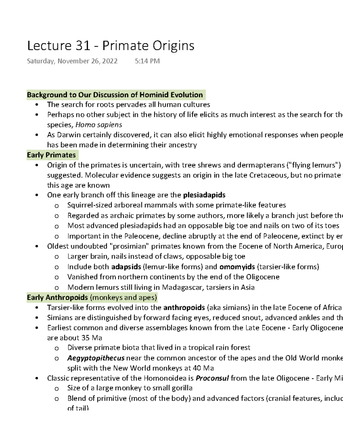 Lecture 31 - Primate Origins - Background to Our Discussion of Hominid Evolution - The search ...