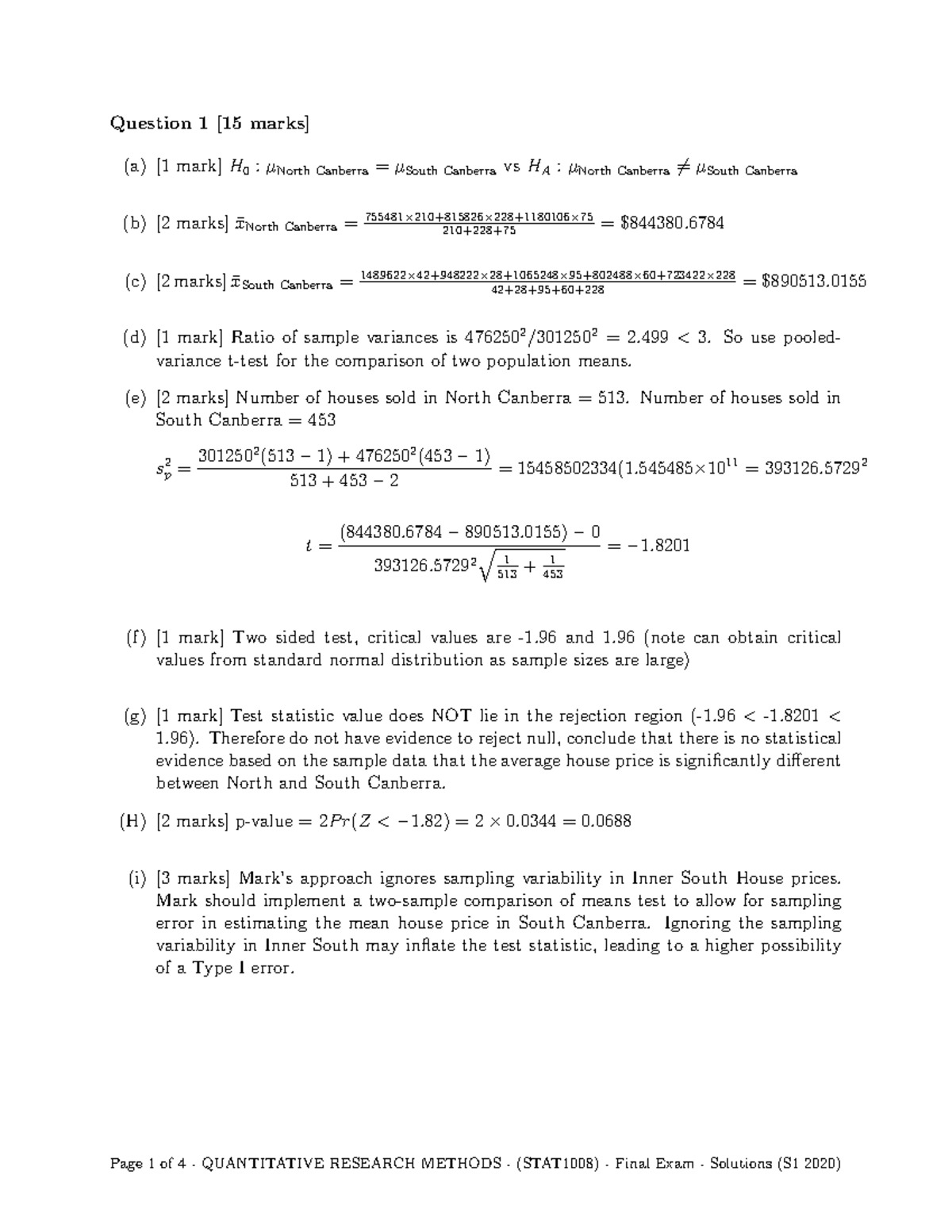 STAT1008 Final Exam Practice Paper 2 Solutions - Question 1 [15 marks ...