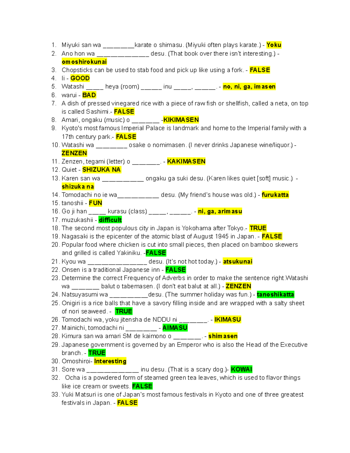 FL-QUIZ Finals - Reviewer - Miyuki san wa _________karate o shimasu ...